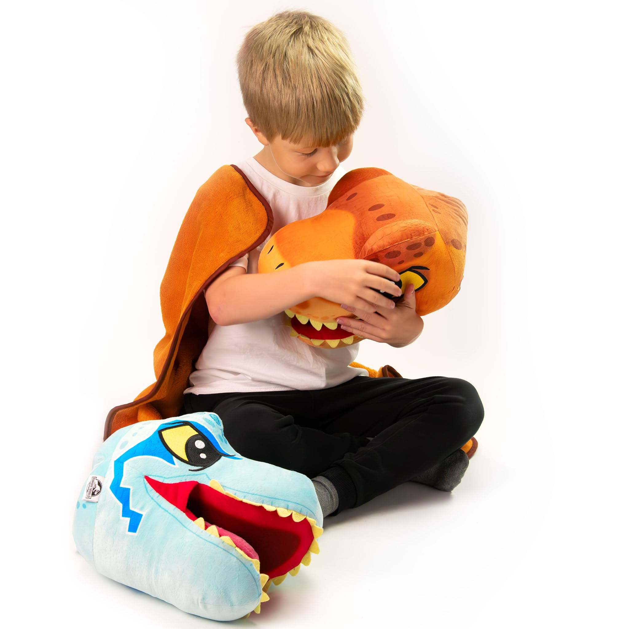 Jurassic World Dinosaur Head Armrest Buddy Stuffed Plush Traveling Toy with Blanket 13” - Kids Ultimate Travel Pillow Companion Set (Blue Raptor)