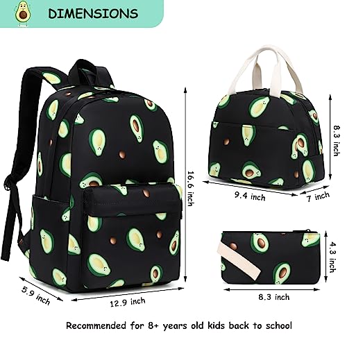 Fuyicat Avocado School Backpack Set for Girls, 3-in-1 Kids Teens Elementary Middle School Bags Bookbag with Lunch Bag Pencil Case