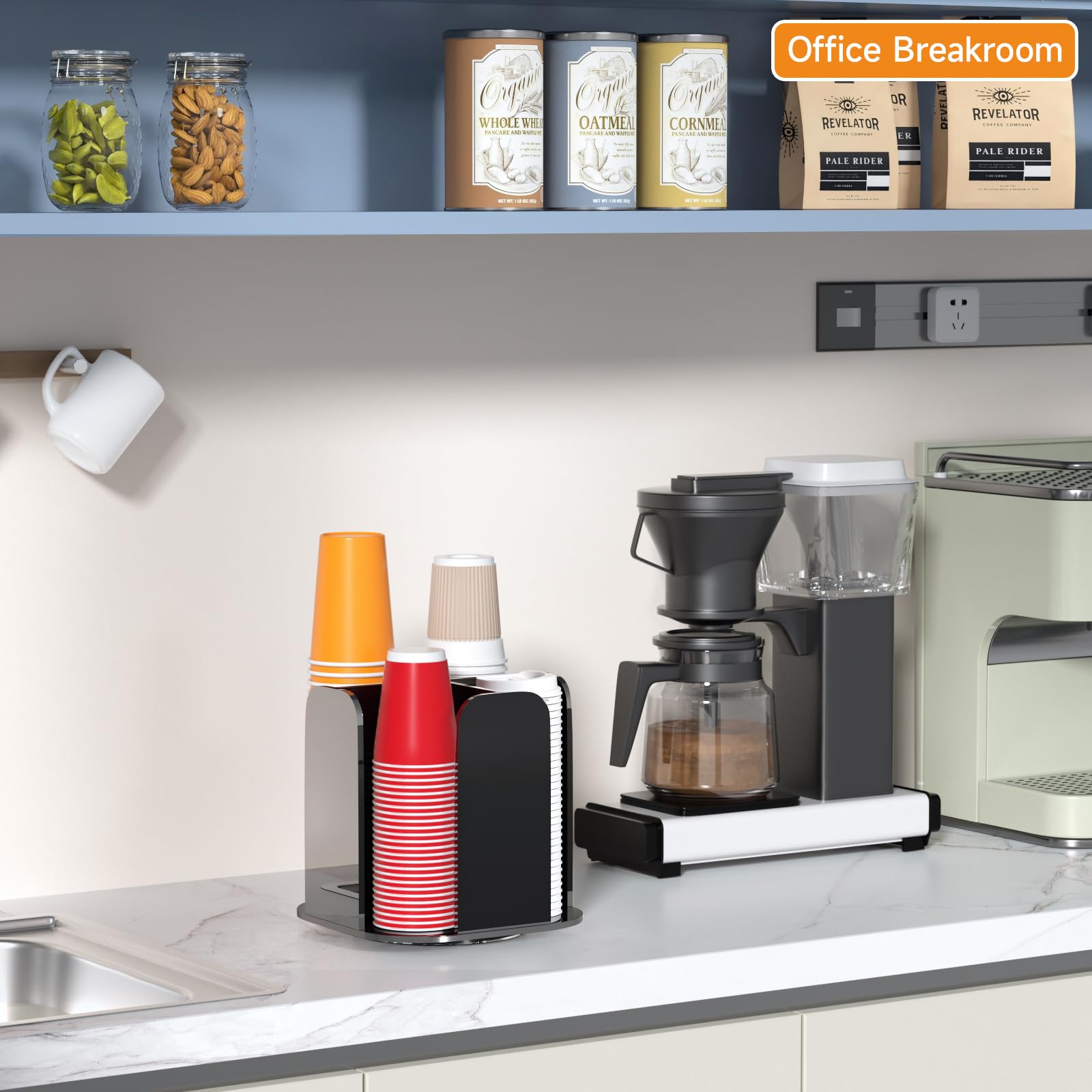 Beego Coffee Cup Holder Organizer - Rotatable 4 Compartments Clear Acrylic Cup Dispenser Coffee Station Cup and Lid Carousel Countertop Plastic Cup Holder Restaurant Breakroom Coffee Bar Accessories