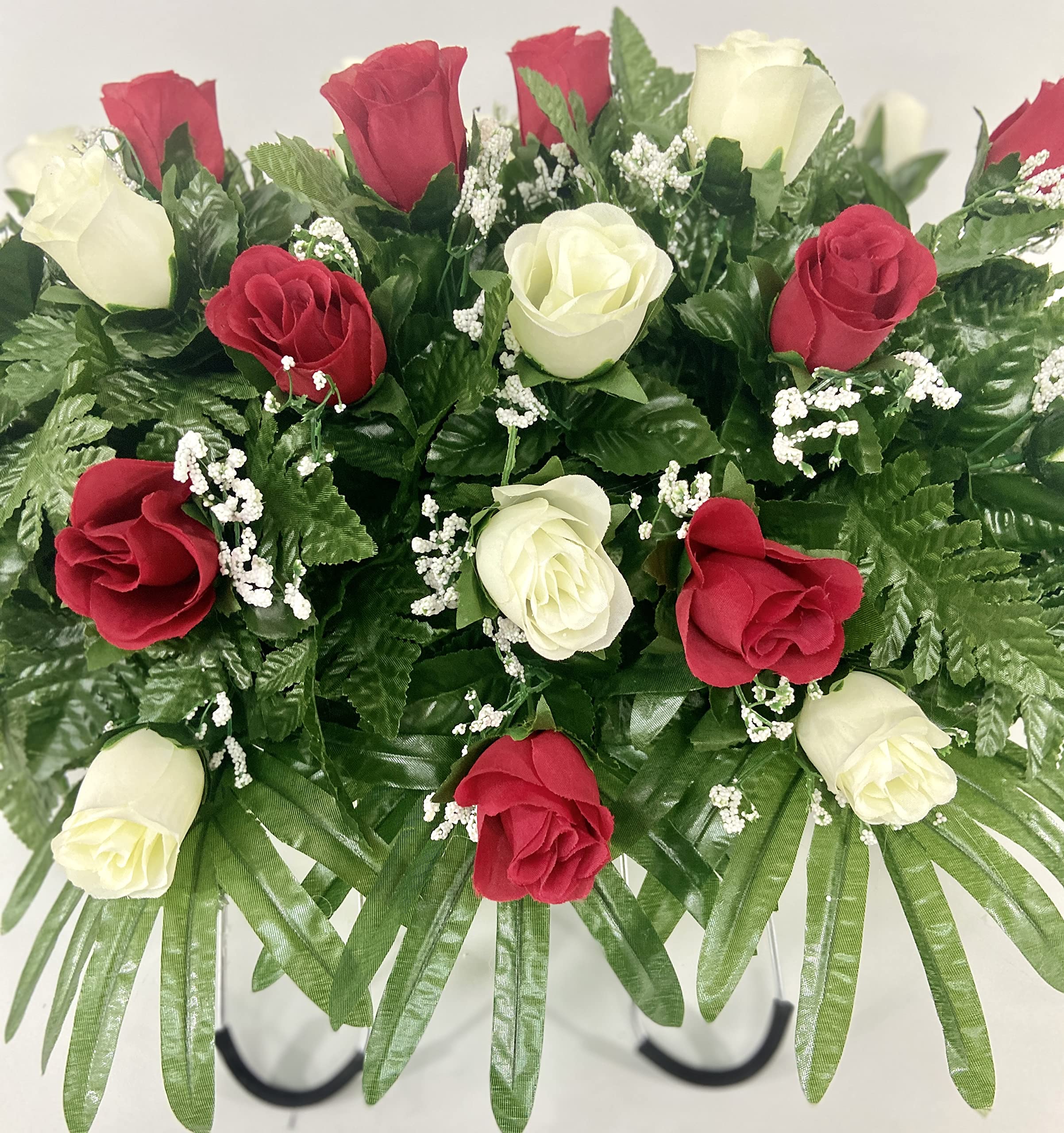 Cemetery Headstone Saddle Flower Arrangement in Red and Cream Roses-Grave Marker Decoration, Sympathy Flowers