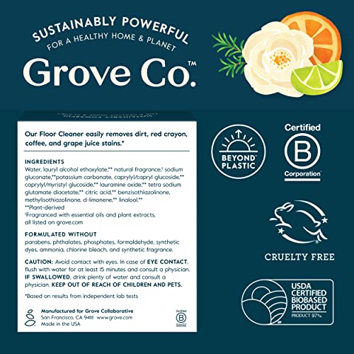 Grove Co. Floor Cleaner Refill Concentrate (2 x 1 Oz) + 1 x Durable Glass Spray Bottle (16 Oz) Plant-Based Cleaning Supplies Bundle, No Plastic Waste, 100% Natural Orange & Rosemary Scent