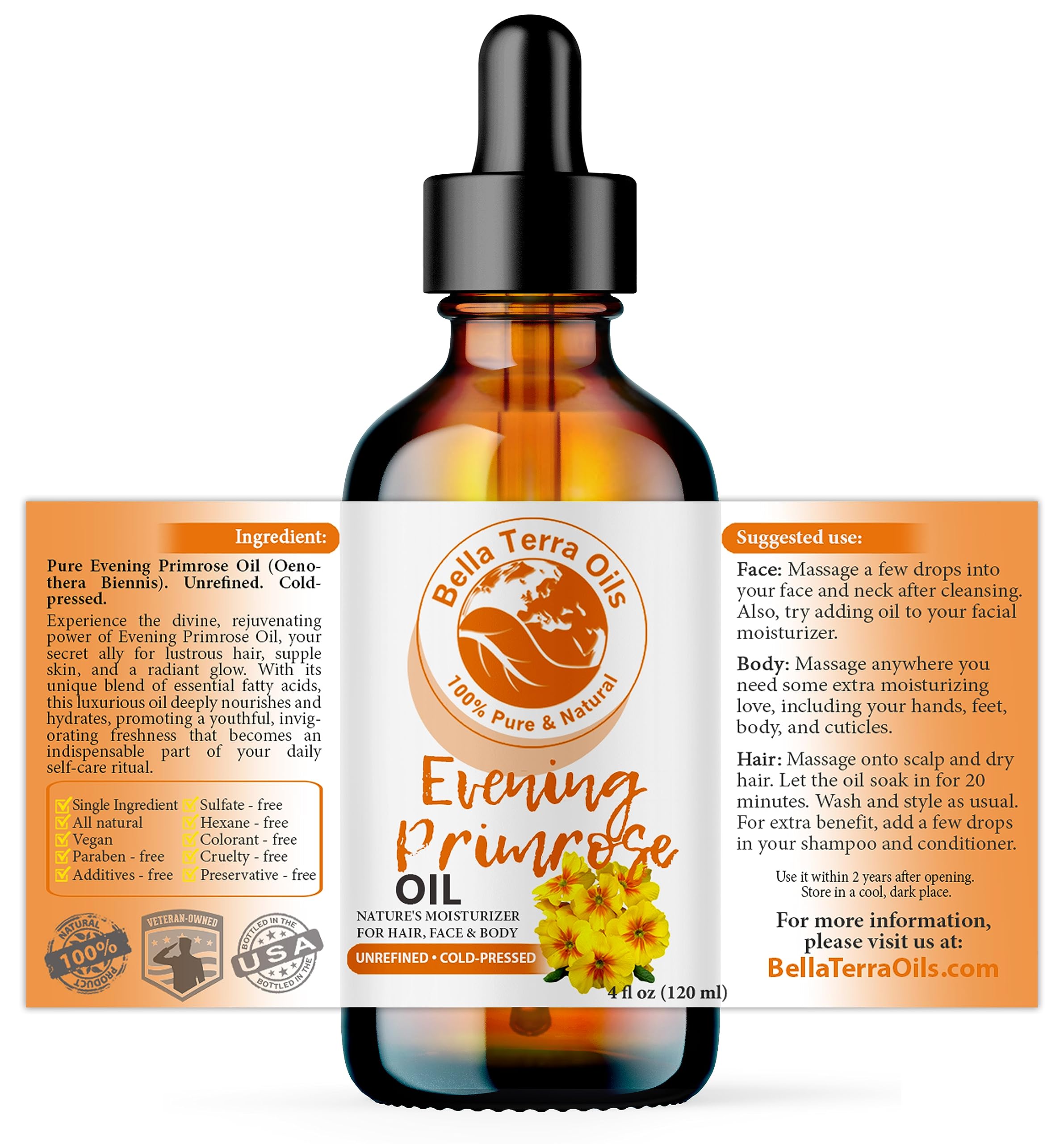 Bella Terra Oils - Organic Evening Primrose Oil 4oz - Unveiling the Richness of Cold-Pressed Organic Evening Primrose, Abundant in Vitamin F & Essential Fatty Acids for an Enhanced Glow
