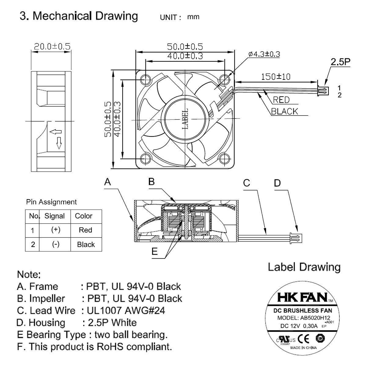 Security-01 50mm x 50mm x 20mm 5020 12V 0.30A Ball Bearing Brushless DC Cooling Fan 2pin AB5020H12 UL (Pack of 2)
