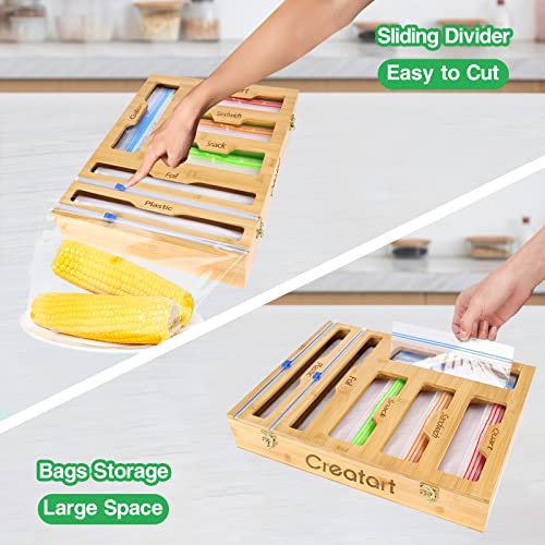 Creatart Bamboo Foil and Plastic Wrap Dispenser with Cutter 6 in 1 Ziplock Bag Storage Organizer for Drawer 12" Food Storage Bag Organizer for Gallon, Quart, Sandwich and Snack