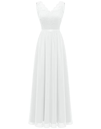 Daisyaner Women's Formal Floral Lace V-Neck Formal Dresses Evening Party Elegant Maxi Dress for Wedding Guest White L