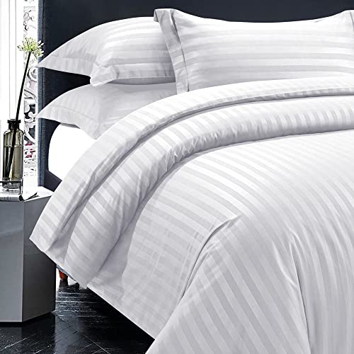 eBeddy Linens Duvet Cover Set Queen Size 90x90 Inch 100% Cotton Soft and Breathable 3 Pieces (1 Duvet Cover & 2 Pillow Shams) Premium Bedding Collection Zipper Closure & Corner Ties, White Striped
