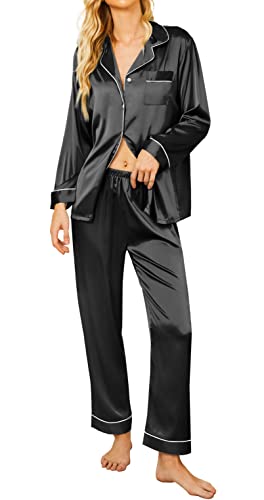 Ekouaer Satin Sleepwear Women's Long Sleeve Pajamas Silk Button Down Loungewear Two Piece Pjs Set (Black,S)