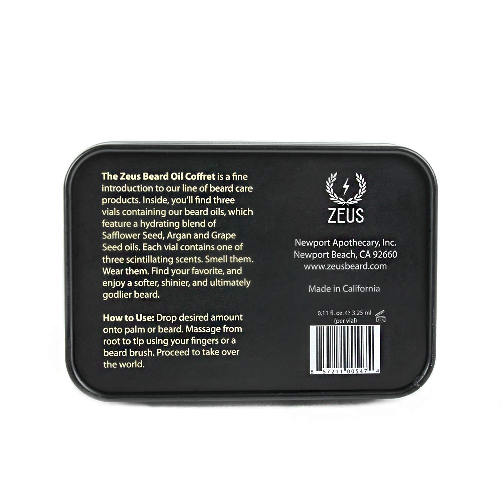 ZEUS Beard Oil Coffret Sampler Set - 3 Beard Oil Vial Sample Kit (Sandalwood, Verbena Lime & Vanilla Rum) MADE IN USA