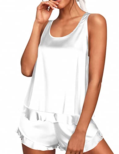 Ekouaer Silk Pajamas for Women Cute Pj Ruffled Nightwear Tank and Shorts Sleepwear Set White M