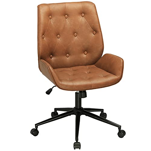 DICTAC Leather Office Chair Brown Wide Desk Chair, Mid Century Armless Home Office Chair with 40° tiltable backrest, Capicity 400lbs