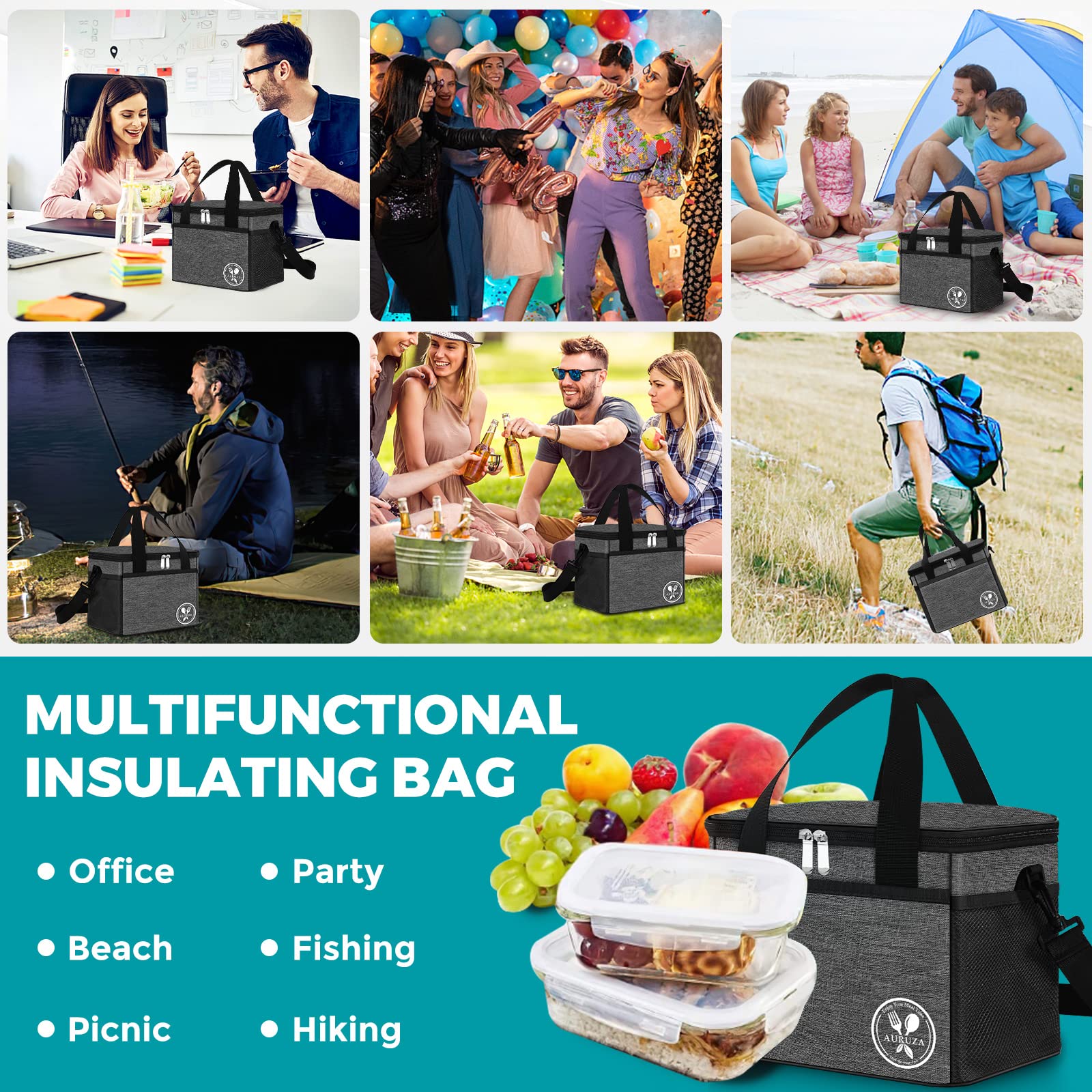 AURUZA Insulated Lunch Bag, Black, Unisex, 10.24" x 7.09" x 8.27", 9.8L Capacity, Waterproof, Portable Design