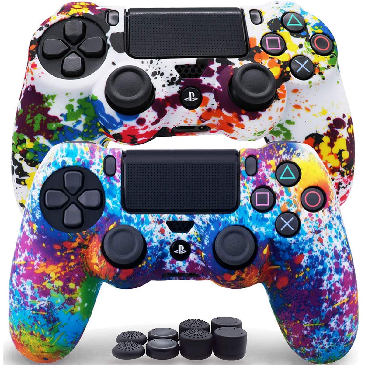 Sofunii 2pcs Skin for PS4 Controller, Anti-Slip Silicone Cover Shell Case with 8 Thumb Grip Caps, Compatible with PlaySation 4 Slim/Pro Controller DualShock 4 Gamepad (Black White)