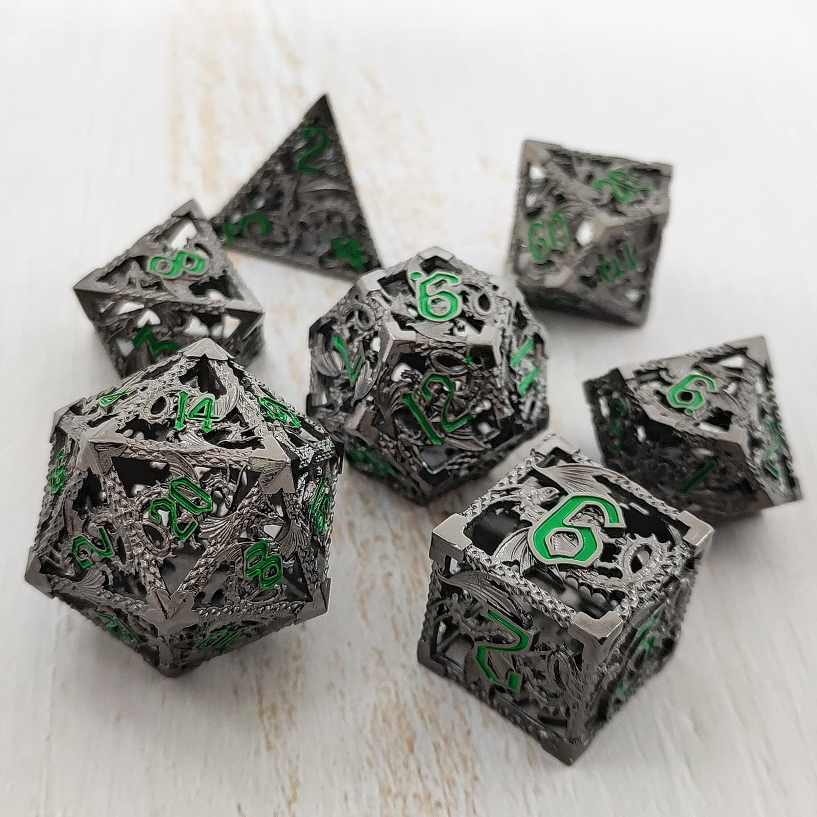 DND Dice Set Dungeons and Dragons Metal D&D Dice Polyhedral Dice Set RPG MTG Pathfinder Shadowrun Roleplaying Dice Games Gifts Accessories D N D Hollow Dice D20 D12 D10 D8 D6 D4, Black Nickel Green