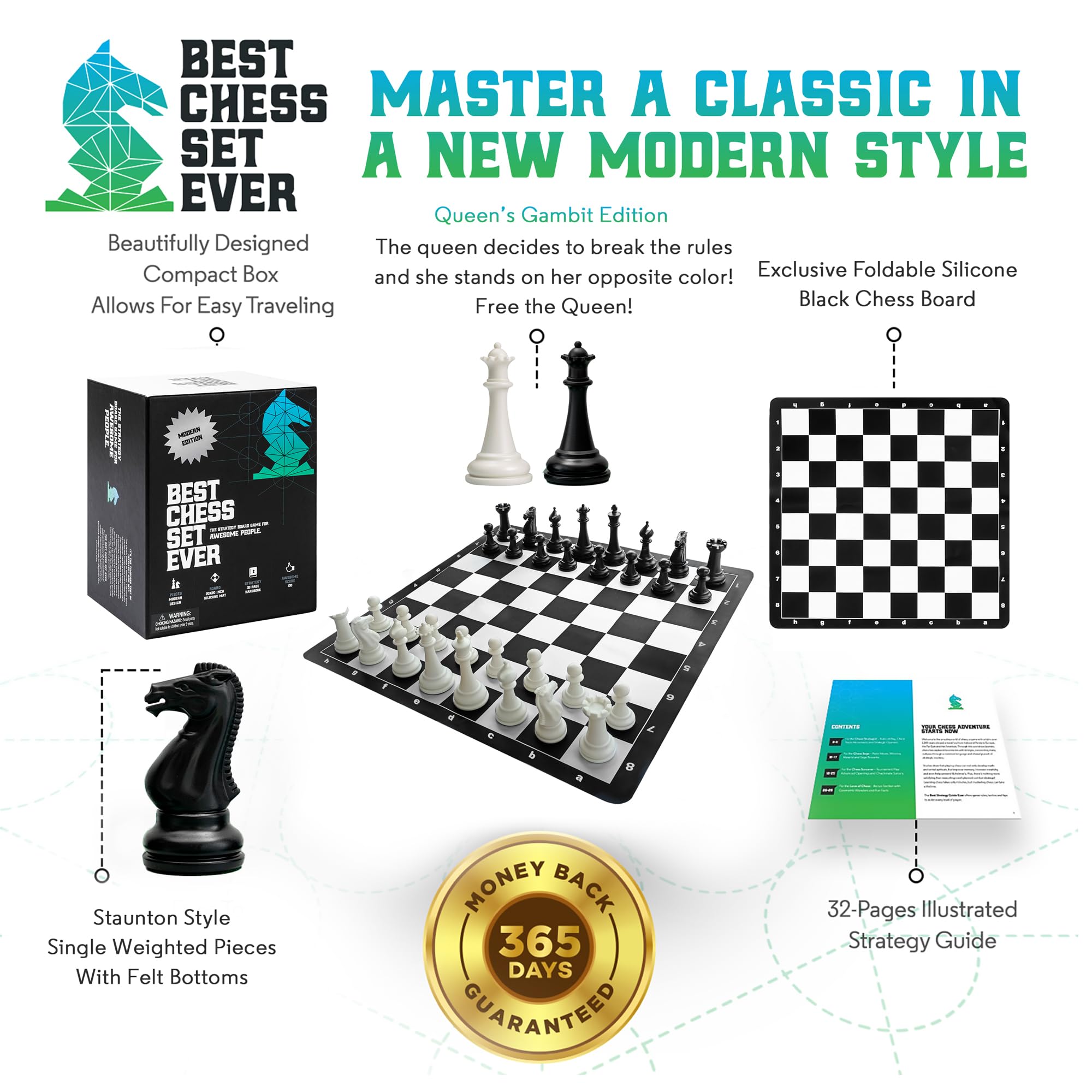 Best Chess Set Ever Queen's Gambit Edition Chess Set, 1X Single Weighted Staunton Pieces, with 20 in x 20 in Foldable Silicone Board, Single Weight Edition