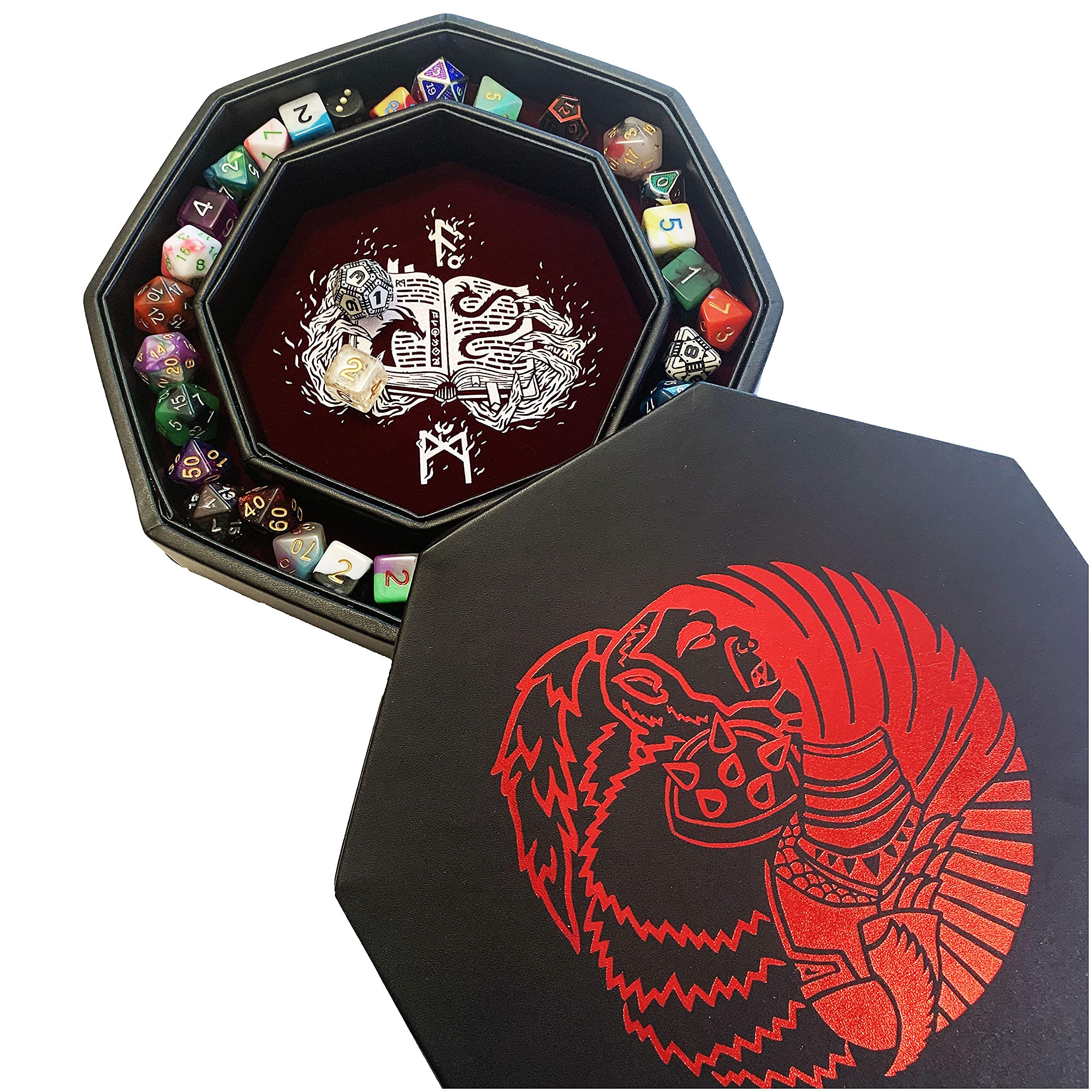Fantasydice RED Orc Paladin Yin and Yang - Dice Tray - 8" Octagon with Lid and Dice Staging Area- Holds 5 Sets(7 Dice Set/Standard) for All Tabletop RPGs
