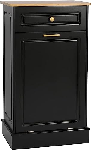 Scurrty 20.5'' Wooden Tilt Out Trash Can Cabinet for Kitchen Island,Tilt Out Bin for Trash Disposal Recycling, Handmade Solid Wood Hideaway Trash Holder for Laundry Hamper with Drawer (Black, Single)