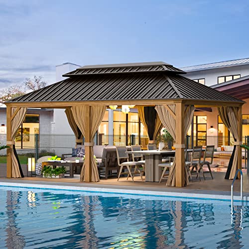 EROMMY 12' x 20' Gazebo, Wooden Finish Coated Aluminum Frame Canopy with Double Galvanized Steel Hardtop Roof, Outdoor Permanent Metal Pavilion with Curtains and Nettings for Patio, Backyard and Deck