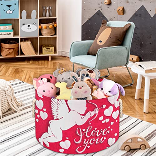 Love You Heart Pattern Large Round Baskets for Storage Laundry Baskets with Handles Blanket Storage Basket for Bathroom Shelves Bins for Organizing Nursery Hamper Girl Boy