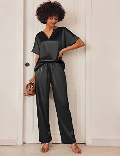 Ekouaer Women's Silk Pajama Short Sleeve Nightwear Satin V Neck Sleepwear Soft Long Pant Silky Sleep Set Black