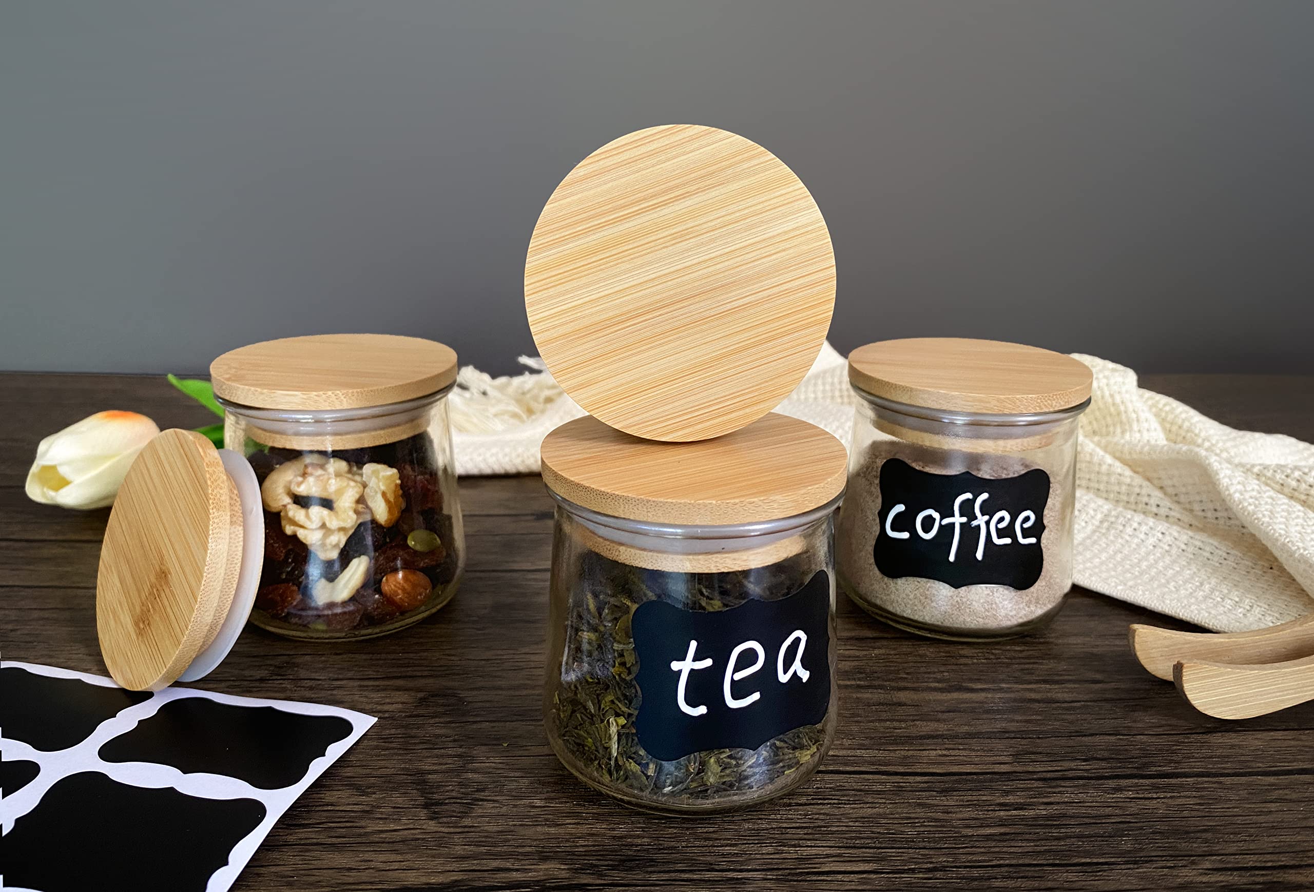 Oui Yogurt Jar Lids-12 pack Oui Lids-Natural Bamboo Wood with Silicone Sealing Rings and Oui Yogurt Bottle Label,For 5 Oz Oui Yogurt Jars