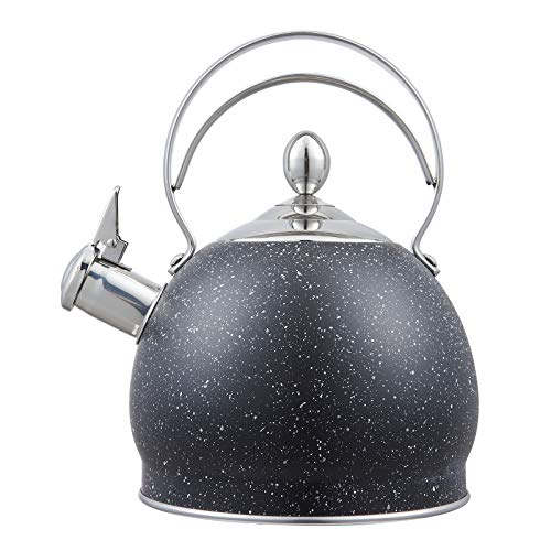 Creative Home 2.5 Qt. Stainless Steel Whistling Tea Kettle Teapot with Aluminum Capsulated Bottom for Fast Boiling Heat Water, for Induction Stove Top, Opaque Black with Speckle