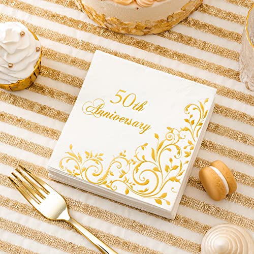 Crisky Gold Foil 50th Anniversary Cocktail Napkins for Golden Wedding Party Decoration, 3-Ply Disposable Beverage Dessert Napkins, 50 Counts
