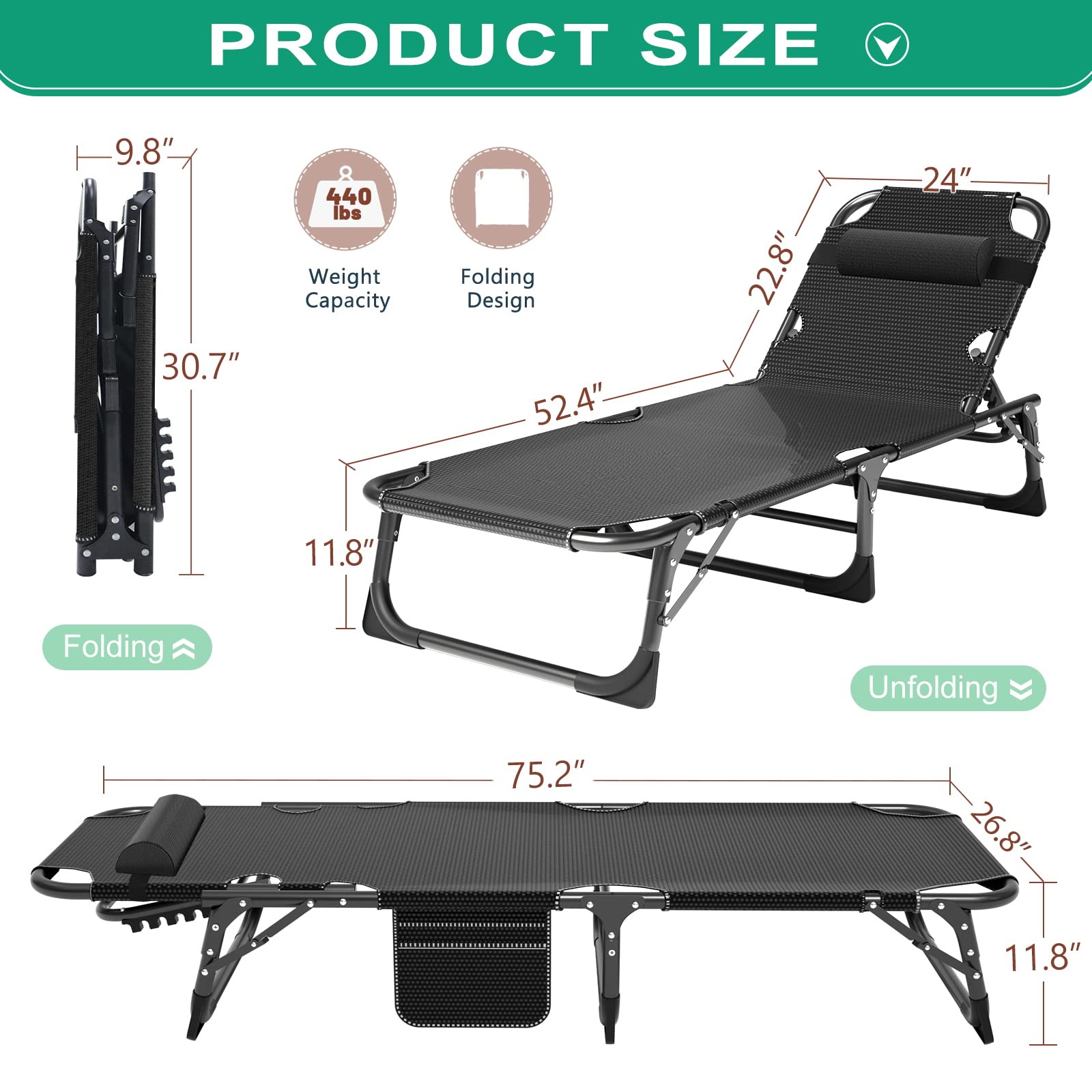 Barbella Folding Camping Cots Sleeping Cots for Adults, Adjustable 6-Position Folding Chaise Outdoor Patio Lounge Chairs, Portable Folding Bed Reclining Chair for Camping Pool Beach Patio Sun Tanning