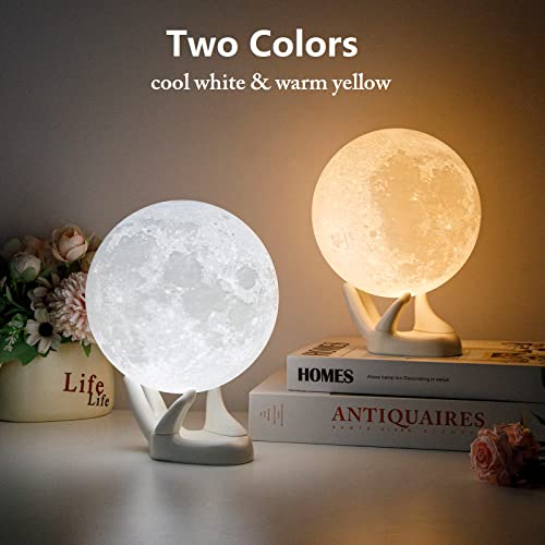 BRIGHTWORLD Moon Lamp, 3D Printing Moon Light 4.7 inch Night Light for Kids Gift for Girls Boys Women, Touch Control USB Rechargeable Brightness Adjustable Warm & Cool White Color (White Hand Stand)