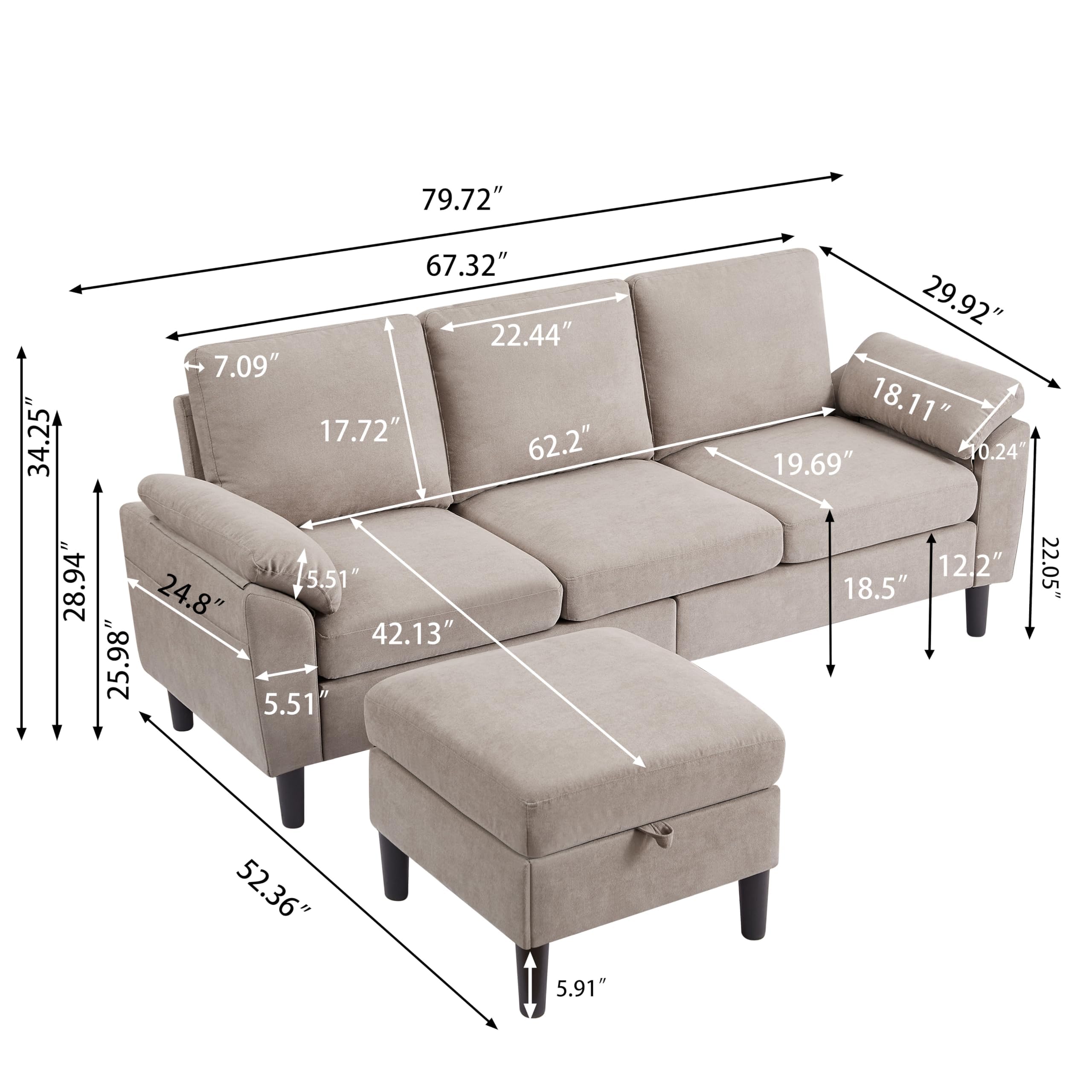 Chireca 80" Convertible Sectional Sofa, Small L Shaped 3 Seat Couch with Reversible Storage Chaise, Modern Polyester Fabric Sofa Couches for Living Room, Apartment and Small Space, Beige