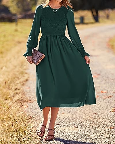 dowerme Women Casual Petal Long Sleeve Crewneck Smocked A-Line Flowy Solid Maxi Dress Fall Winter Party Cocktail Dresses(Solid Dark Green,Small)
