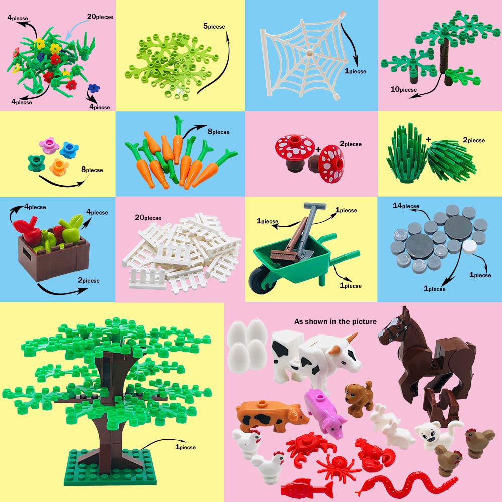 Farm Animals Building Blocks Toys Garden Park Trees and Flowers Classic Botanical Accessories Bricks for Boys Girls Kids Age 6+ Gifts(Include 1 Pcs 10" x 10" Base Plate