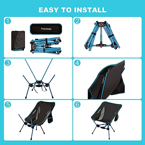 Fulynmen Lightweight Folding Camping Chair Comfortable Compact Chair for Adult Supports 330 Lbs Stable Portable Lawn Chair with 2 Side Pockets for Outdoors Camp Beach Backpacking Travel Blue
