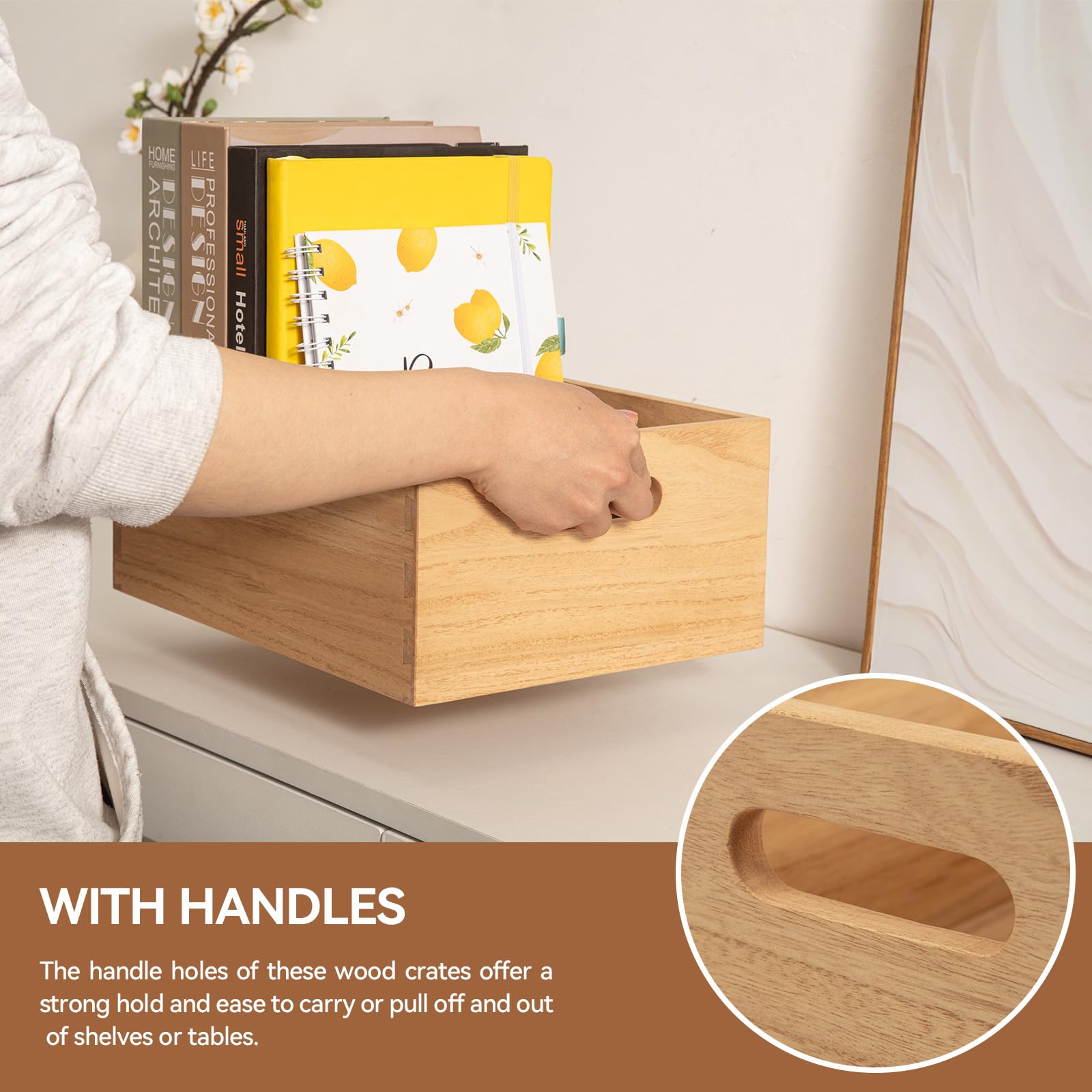 KIRIGEN Nesting Wood Crates with Handles Set of 3 - Farmhouse Decor Wooden Storage Containers/ Portable Rolling Tray Basket/ Crates Decorative Boxes Natural 3TH-NA