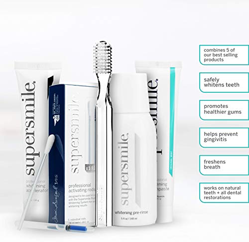 Supersmile Teeth Whitening Set - 6 Minutes to a Whiter Smile - Toothpaste, Accelerator, Toothbrush, Activating Rods, and Pre-Rinse - Up to 6 Shades Whiter Teeth - No Sensitivity (Original Mint)