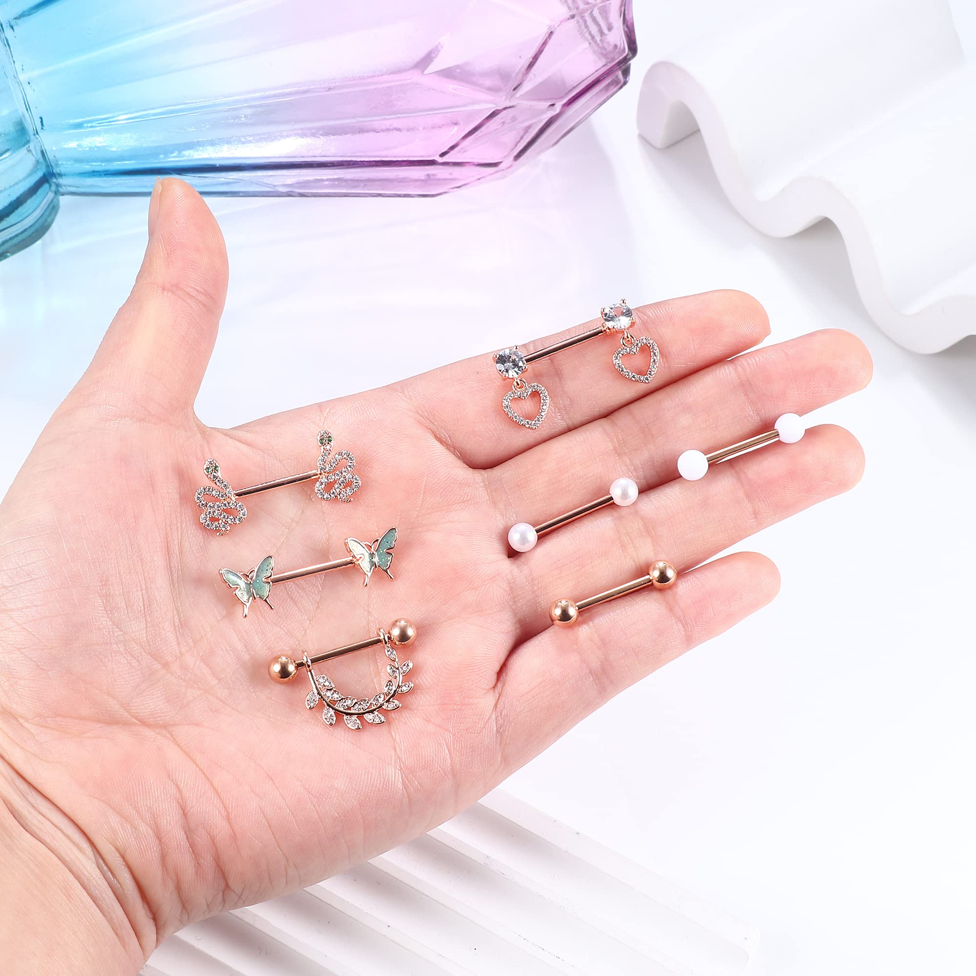 Besteel π π·ππππ Nipple Piercing Jewelry Stainless Surgical Steel Nipple Rings Set Cute CZ Ball Heart Butterfly Snake Tongue Belly Barbell Body Jewelry for Women 14G Rose Gold