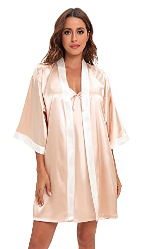 Escalier Women's Satin Pajamas Set Silky Robe with Sexy Slip Nightgown 2Pcs Sleepwear Silk Pjs Champagne S