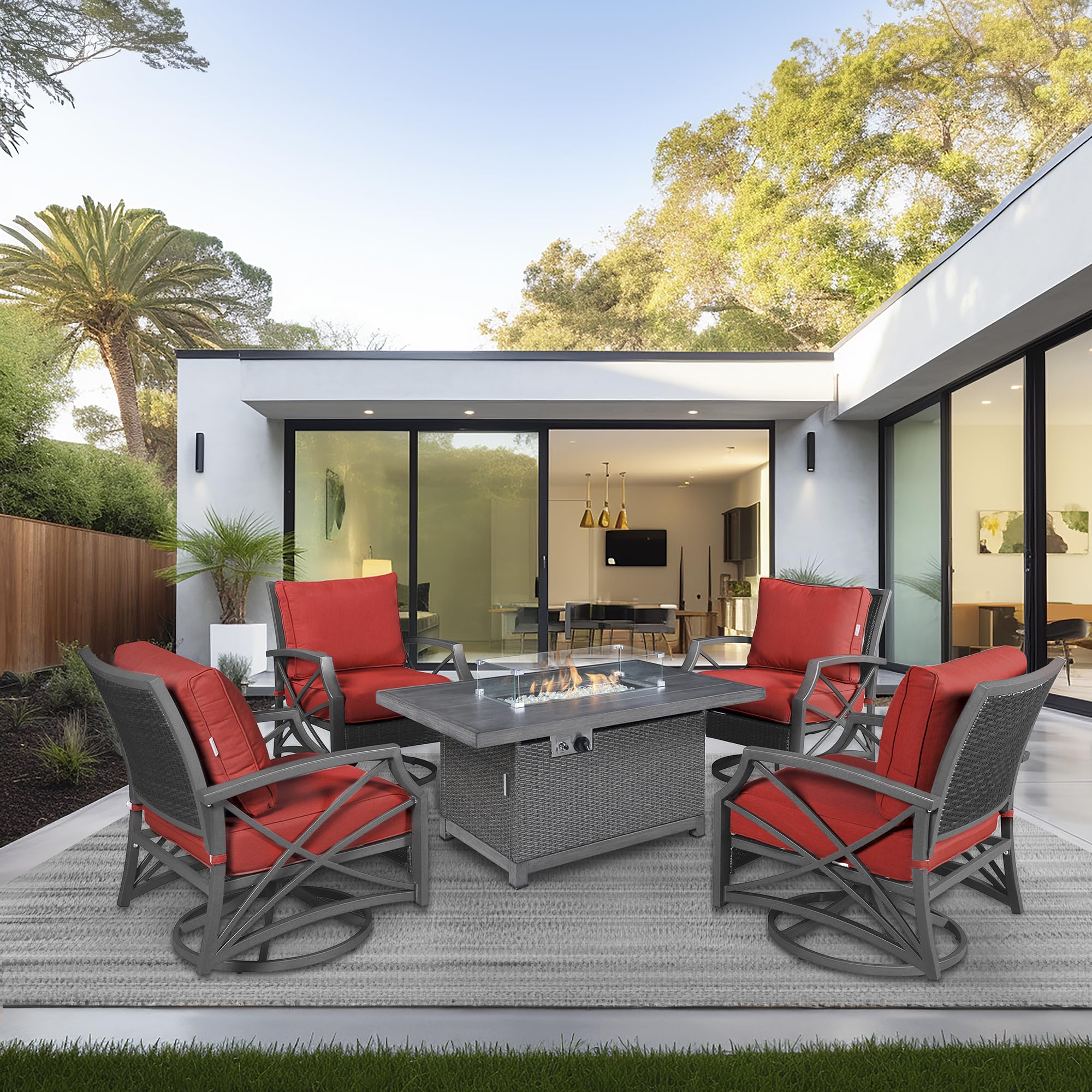 Kinger Home Novi 5-Piece Outdoor Patio Furniture Set with 52-Inch Propane Fire Pit Table - CSA Certified, 50,000 BTU, Swivel Chairs, Aluminum Frame, Includes Fire Glass & Wind Guard