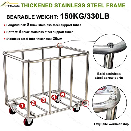 Commercial Laundry Cart on Wheels, 11.35 Bushels Large Laundry Roller with Removable Waterproof Canvas Lined Basket, Heavy Duty Stainless Steel Laundry Basket for Hotels and Hospitals