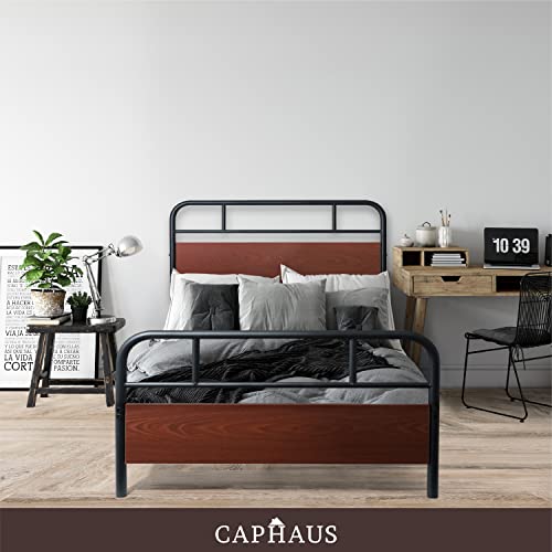 CAPHAUS Round Corner Metal Bed Frame with Modern Wood Headboard and Footboard, Mattress Foundation, Metal Platform Bed with Premium Steel Frame, Noise-Free, No Box Spring Needed, Twin Size, Walnut