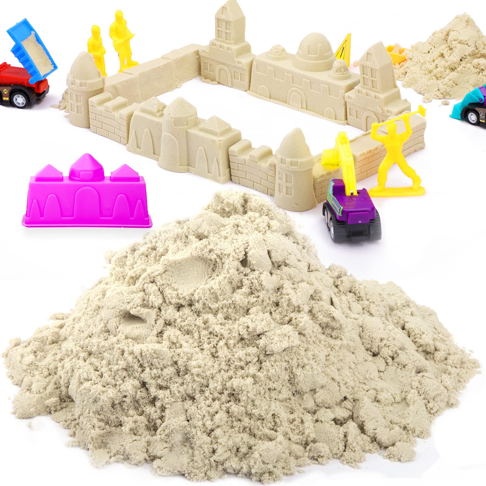 Play Sand for Kids, 3lbs Magic Sand, Building Castle Sand Molds Tools, Construction Trucks, Construction Toys and Signs, Sand Tray and Storage Bag, 43PCS Sandbox Toys Set for Toddlers Kids Boys Grils