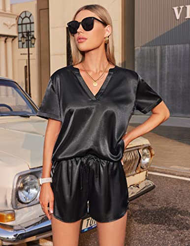 Ekouaer Womens Satin Sleepwear 2 Piece Pajamas Silk Pjs Short Sleeve Top and Loose Shorts Nightwear with drawstring Black
