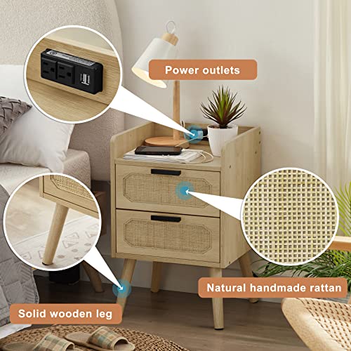 Duitrc Nightstand, End Table, Side Table with Charging Station & 2 Hand Made Rattan Decorated Drawers, Nightstands Set of 2, Wood Accent Table with Solid Wood Feet, with Open Storage, Natural, 2 Pack