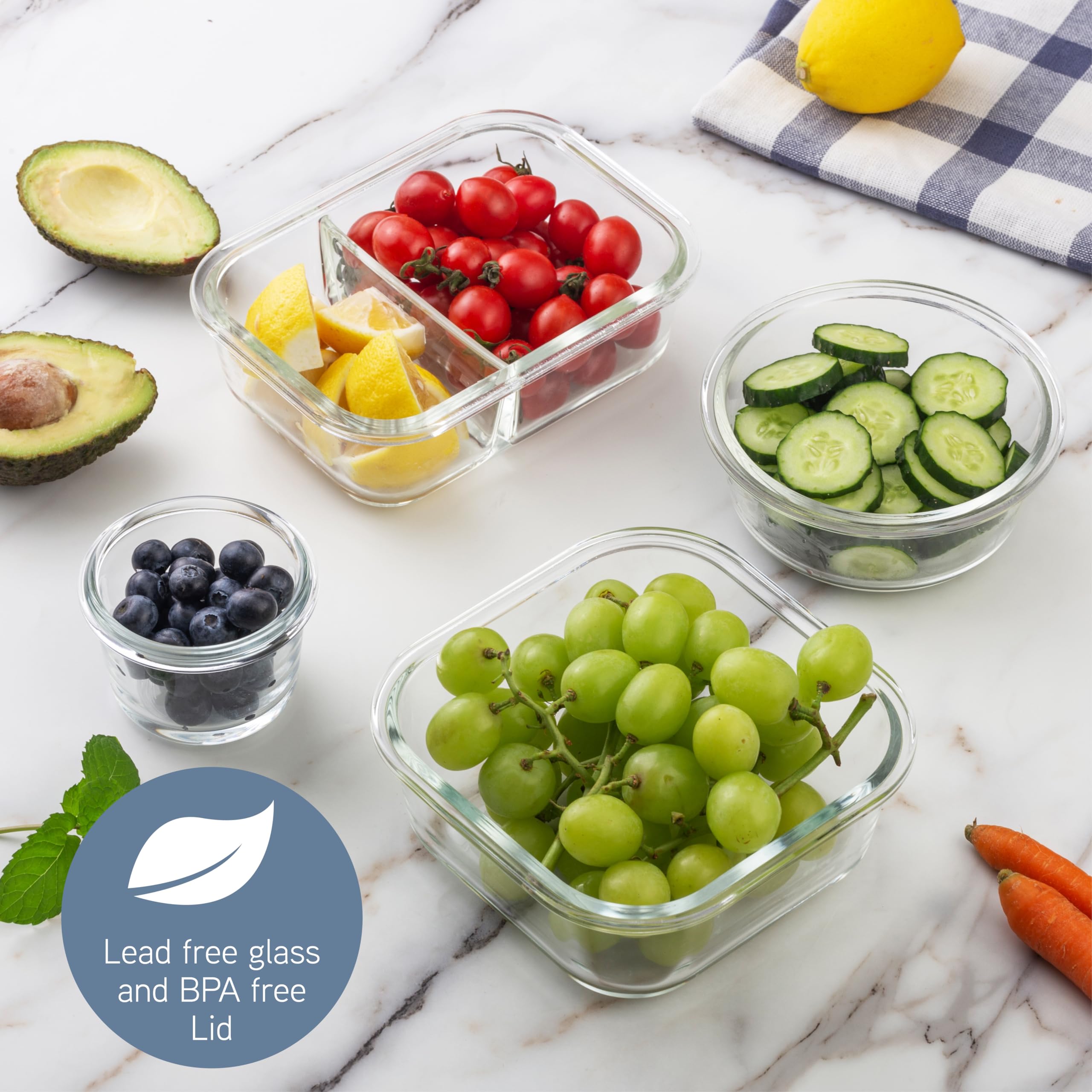 COOK WITH COLOR Premium 32-Pc. Borosilicate Glass Food Container Set with Dividers - 4 Rectangles, 8 Rounds, 4 Squares - Leakproof Lids - Meal Prep, Storage, Green