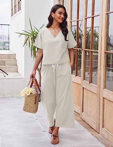 Ekouaer Womens Short Sleeve Top Wide Leg Pants Sleepwear Cotton Linen Loungewear Pajama Set, White, Medium