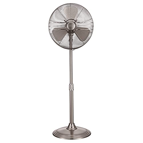 Hunter 90438z Adjustable 3 Speed Retro Pedestal Stand Floor Fan, 80 Degree Oscillation, 16”, Brushed Nickel Finish