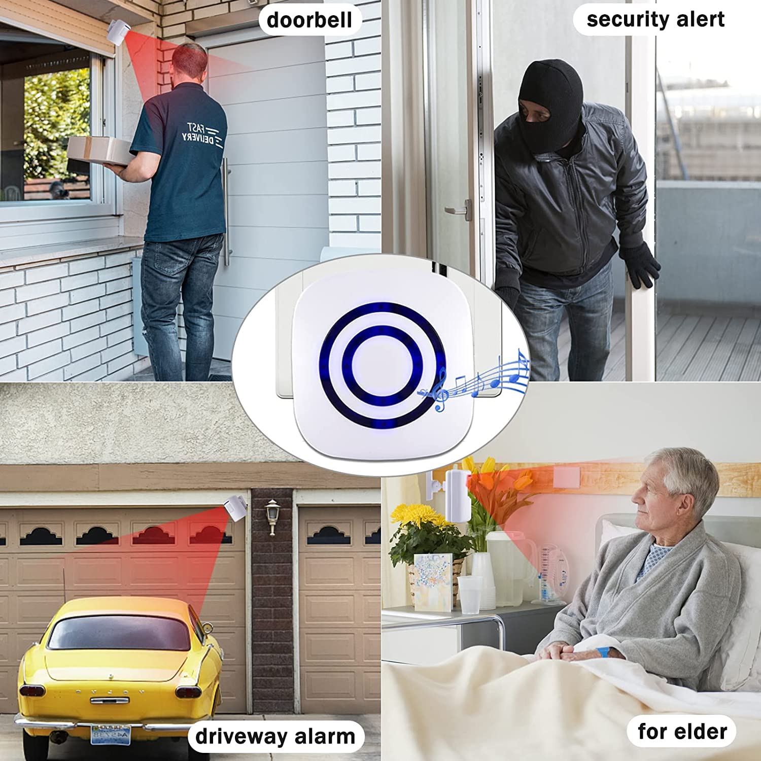 BESTOONE Motion Sensor Alarm, Long Range Wireless Driveway Alarm, Indoor Home Security System Electric Doorbells, 4 Motion Detector and 2 Alarm, 38 Chime Tunes, LED Indicator