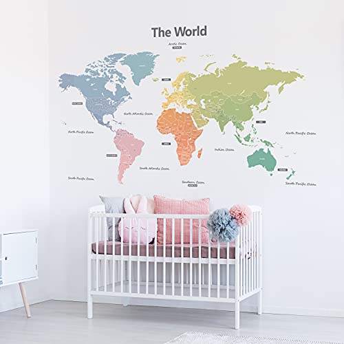 DECOWALL DLT-1809 Modern Pastel Tones World Map Kids Wall Stickers Wall Decals Peel and Stick Removable Wall Stickers for Kids Nursery Bedroom Living Room (XLarge) d?cor