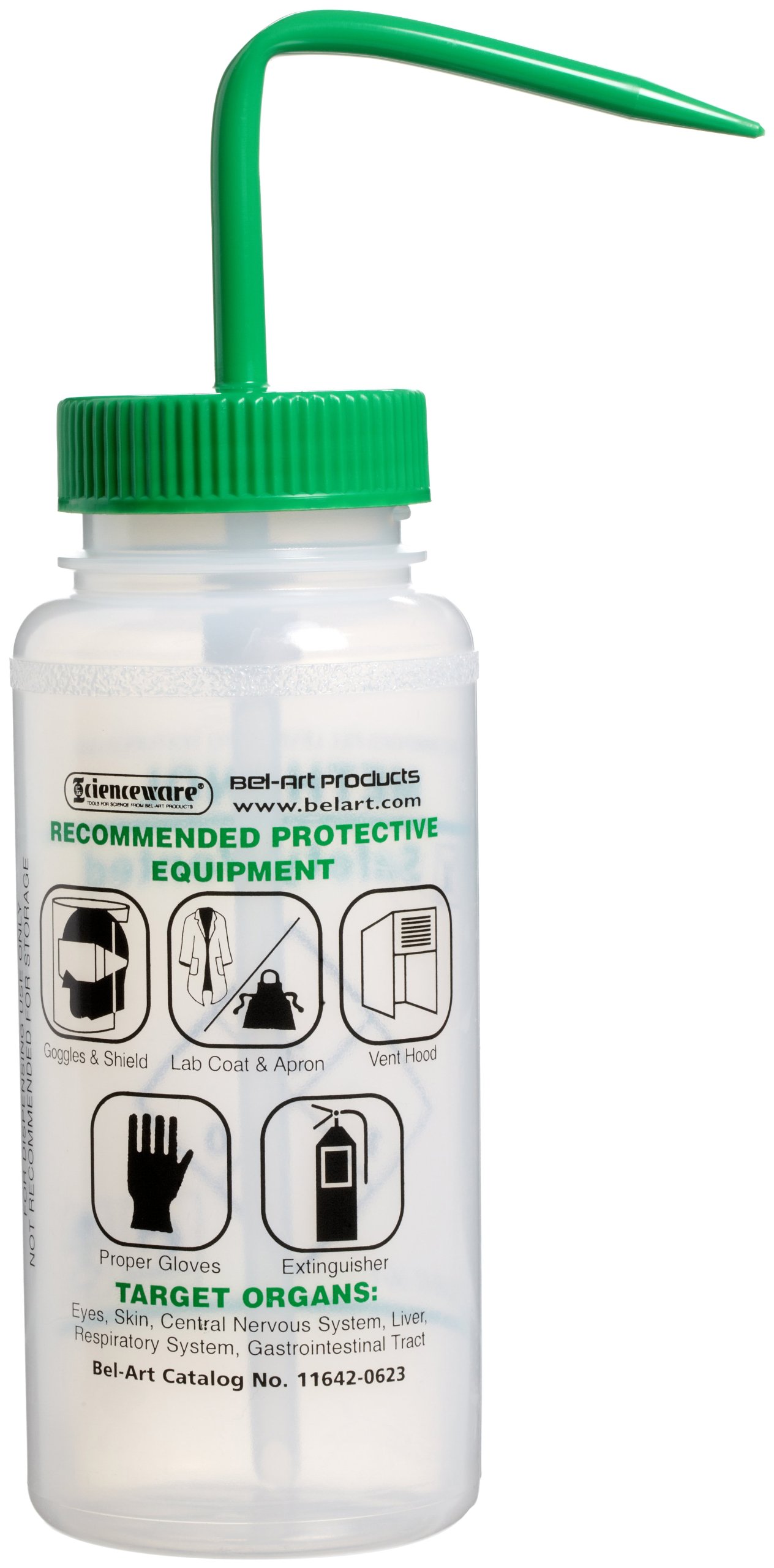SP Bel-Art Safety-Vented/Labeled 2-Color Methanol Wide-Mouth Wash Bottles; 500ml (16oz), Polyethylene w/Green Polypropylene Cap (Pack of 3) (F11642-0623)