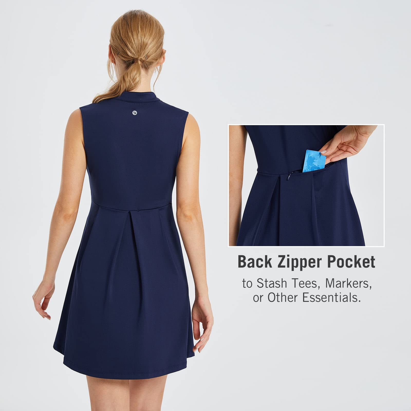 BALEAF Golf Dresses for Women 5 Pockets Tennis Athletic Quick Dry Sleeveless UPF 50 Seperated Shorts Zip Stand Collar Navy Blue M