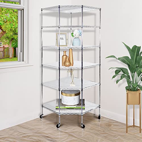 Cffuvros 6 Tiers Standing Corner Shelf, Adjustable Metal Storage Wire Shelving Unit Corner Rack Corner Shelving, with Wheels, for Restaurant,Living Room, Bathroom, Pantry,Kitchen